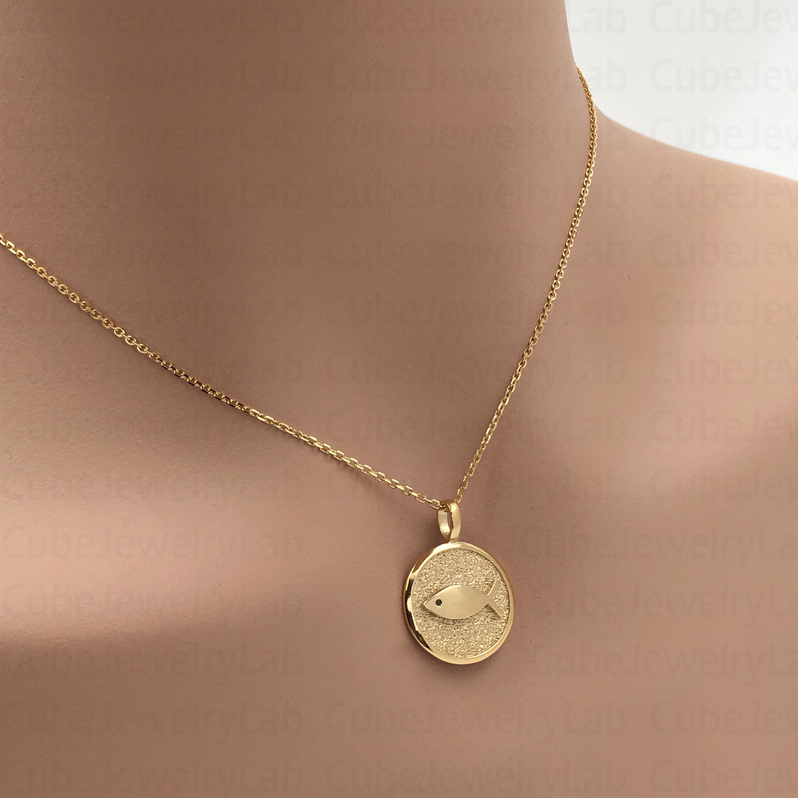 14k Solid Gold Christian Fish Necklace, Personalized Christian Fish ...