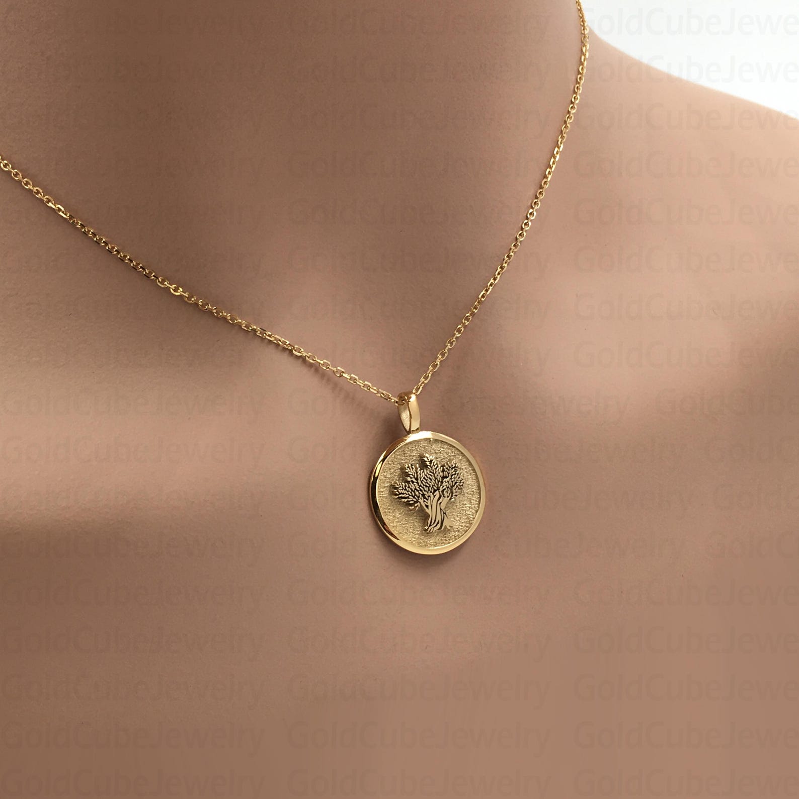 14k Solid Gold Olive Tree Necklace, Personalized Olive Tree Pendant ...