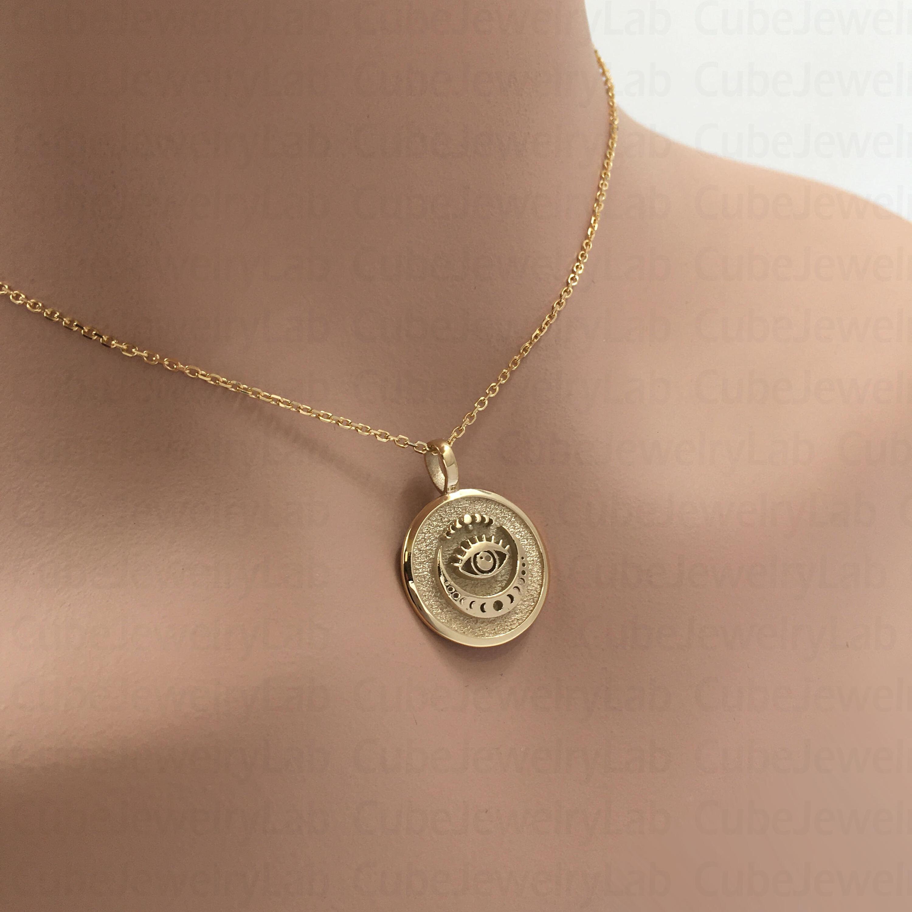 14k Solid Gold Evil Eye Moon Phase Necklace, Protection Jewelry ...