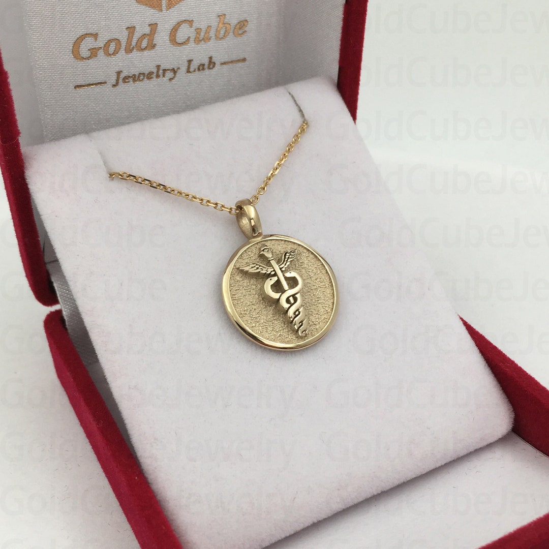Real 14k Solid Gold Caduceus Necklace, Medical ID Pendant, Customized ...