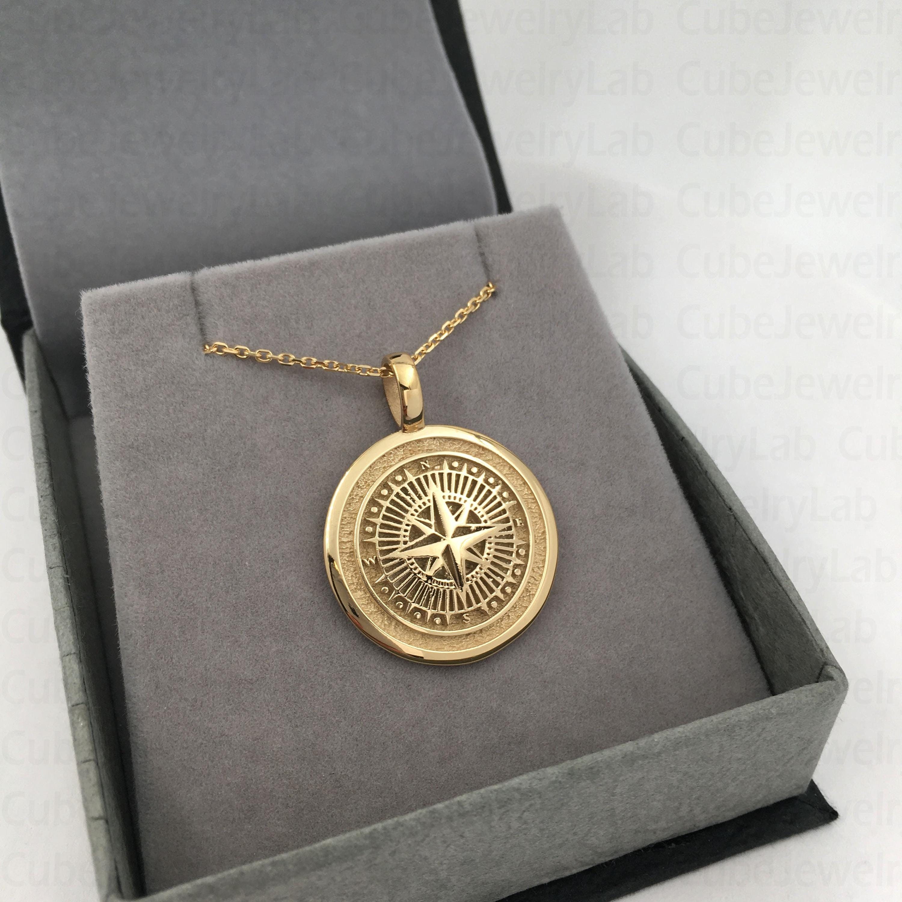14k Solid Gold Compass Necklace, Personalized Compass Pendant ...