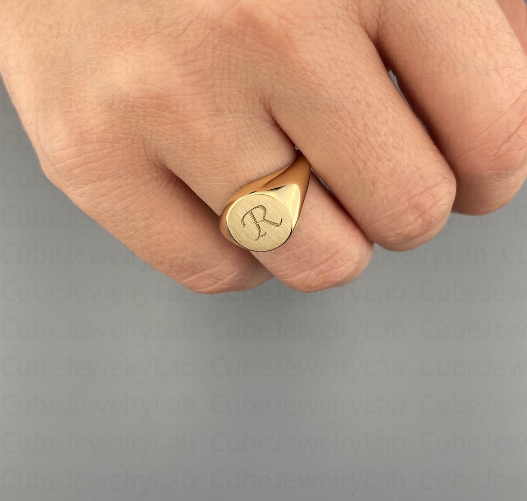 18k Real Solid Gold Circle Signet Ring, Personalized Signet Ring ...