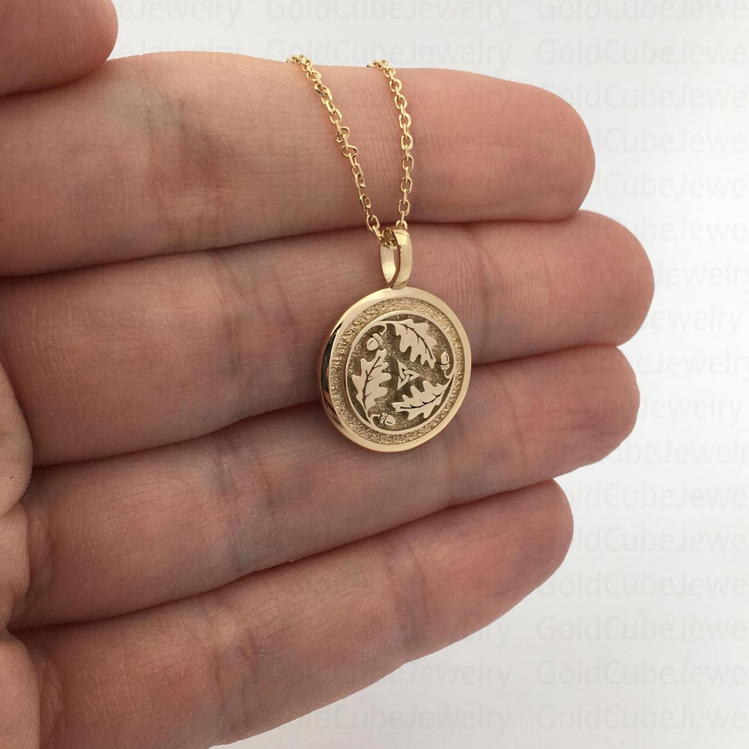 Real 14k Solid Gold Oak Tree Pendant, Acorn and Oak Leaf Charm Jewelry ...