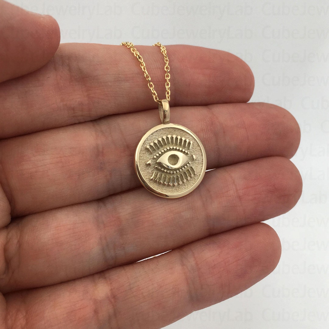 14k Solid Gold Evil Eye Necklace, Protection Jewelry, Personalized Evil Eye Pendant, Lucky Eye ...