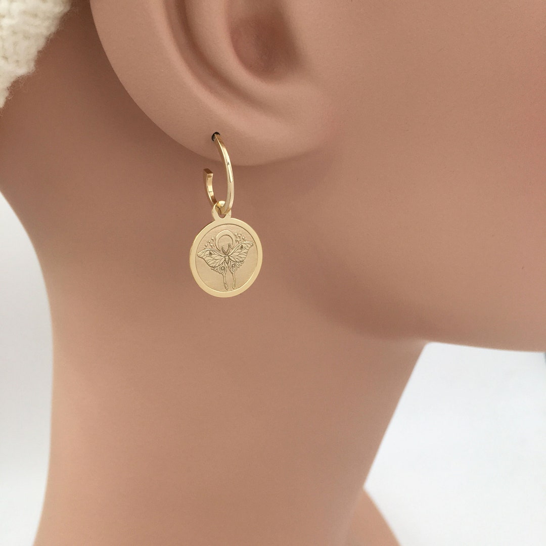 Real 14k Solid Gold Luna Moth Hoop Earring, Drop Earring, Animal Charm ...