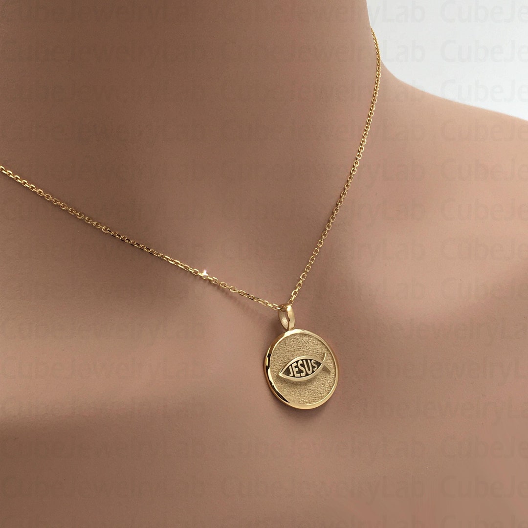 14k Solid Gold Jesus Fish Necklace, Personalized Christian Fish Pendant ...