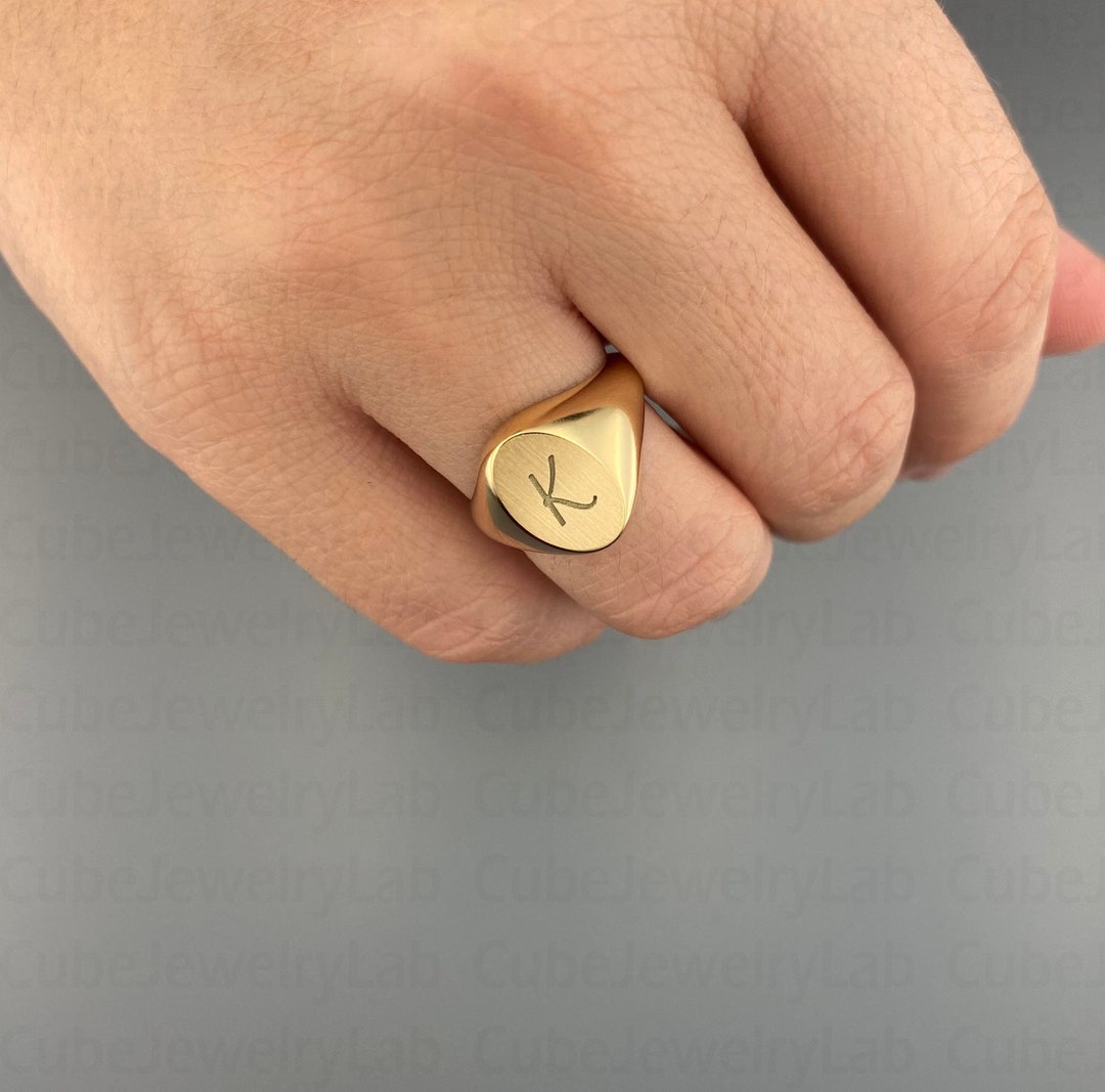 Oval Custom Signet Ring in Solid Gold, Personalized Letter Ring for Her, Unique Personalised ...