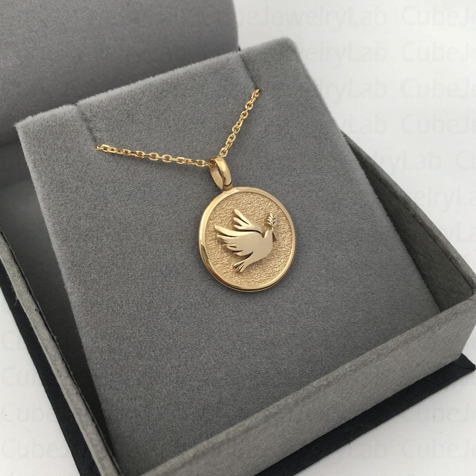 Real 14k Solid Gold Dove Necklace, Personalized Dove Pendant, Dove Disc ...