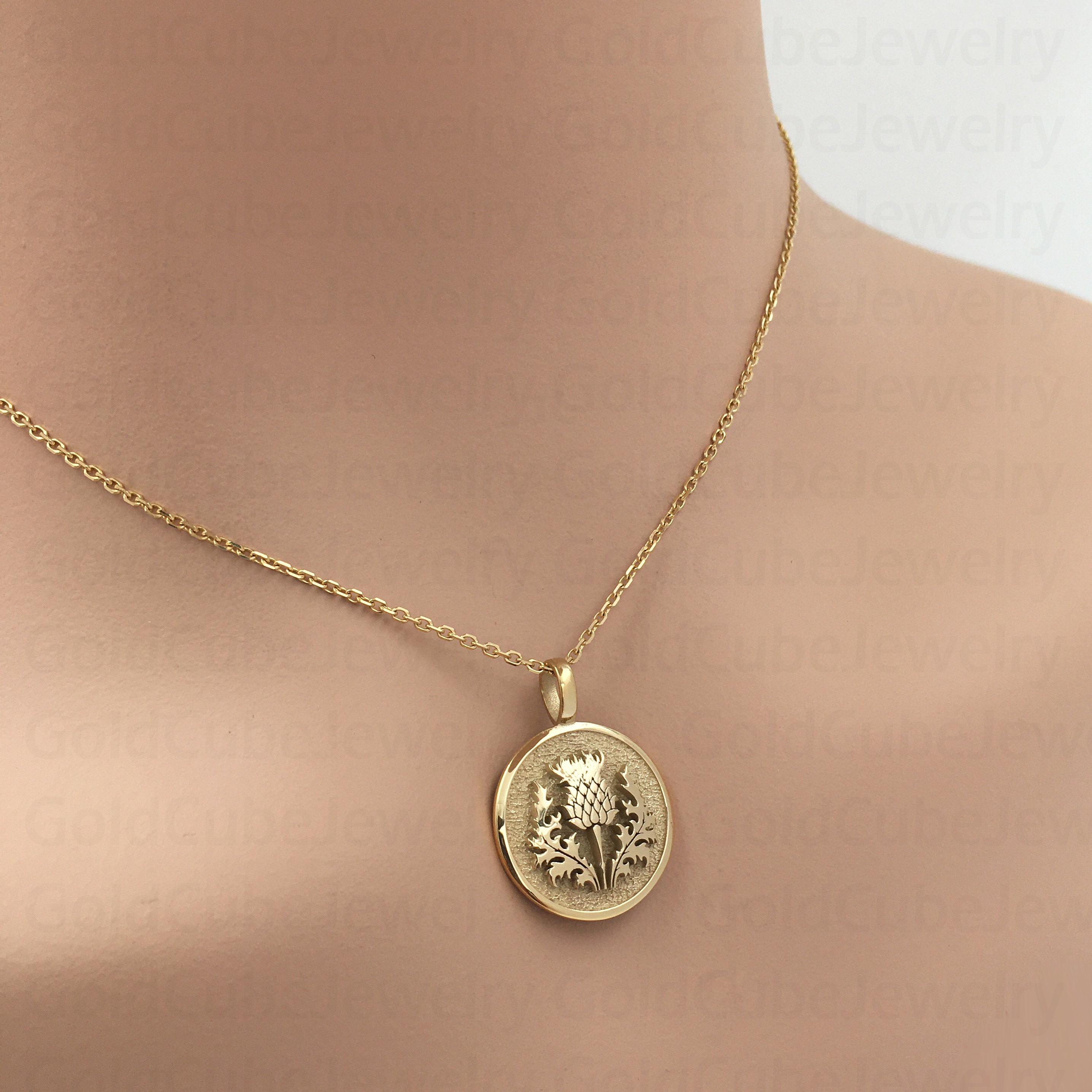 Real 14k Solid Gold Thistle Necklace, Personalized Thistle Pendant ...