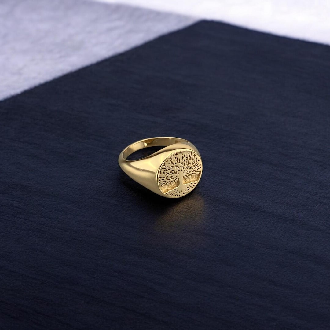 Real 10k, 14k, 18k Solid Gold Signet Ring, Family Tree Ring, Tree of ...
