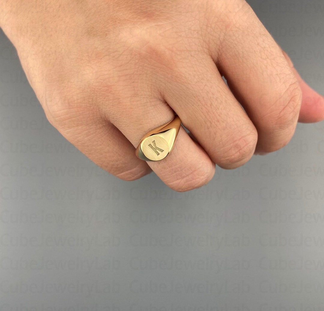 14k Real Solid Gold Circle Signet Ring, Personalized Signet Ring ...