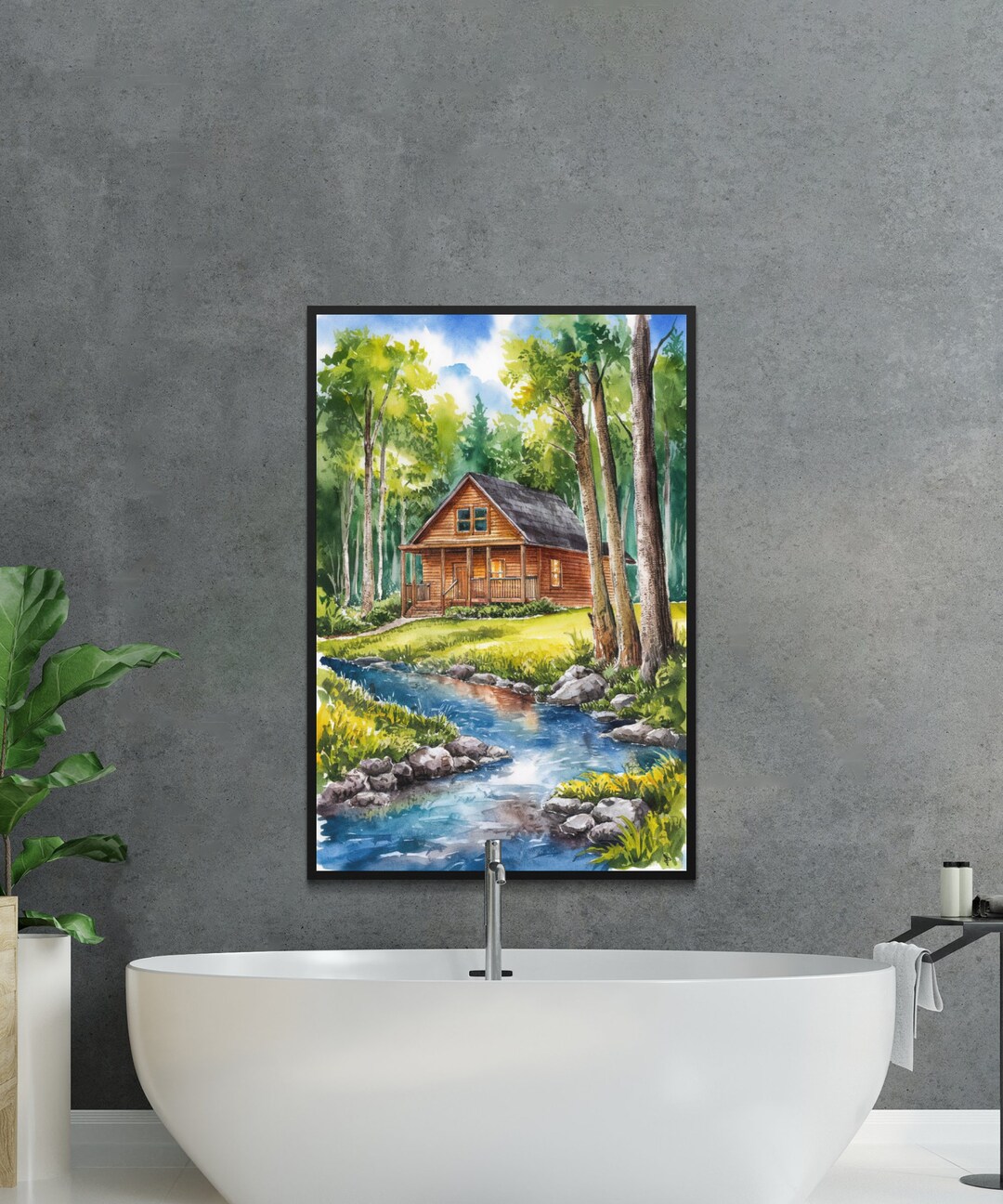 Rustic Cabin by Stream Digital Art, Scenic Cottage in Forest Print ...