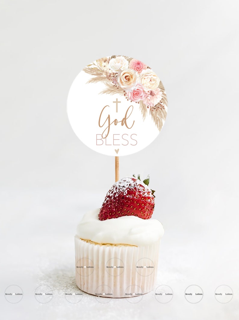 Baptism Cupcake Toppers, Girls Pink Christening Toppers, Printable Boho ...