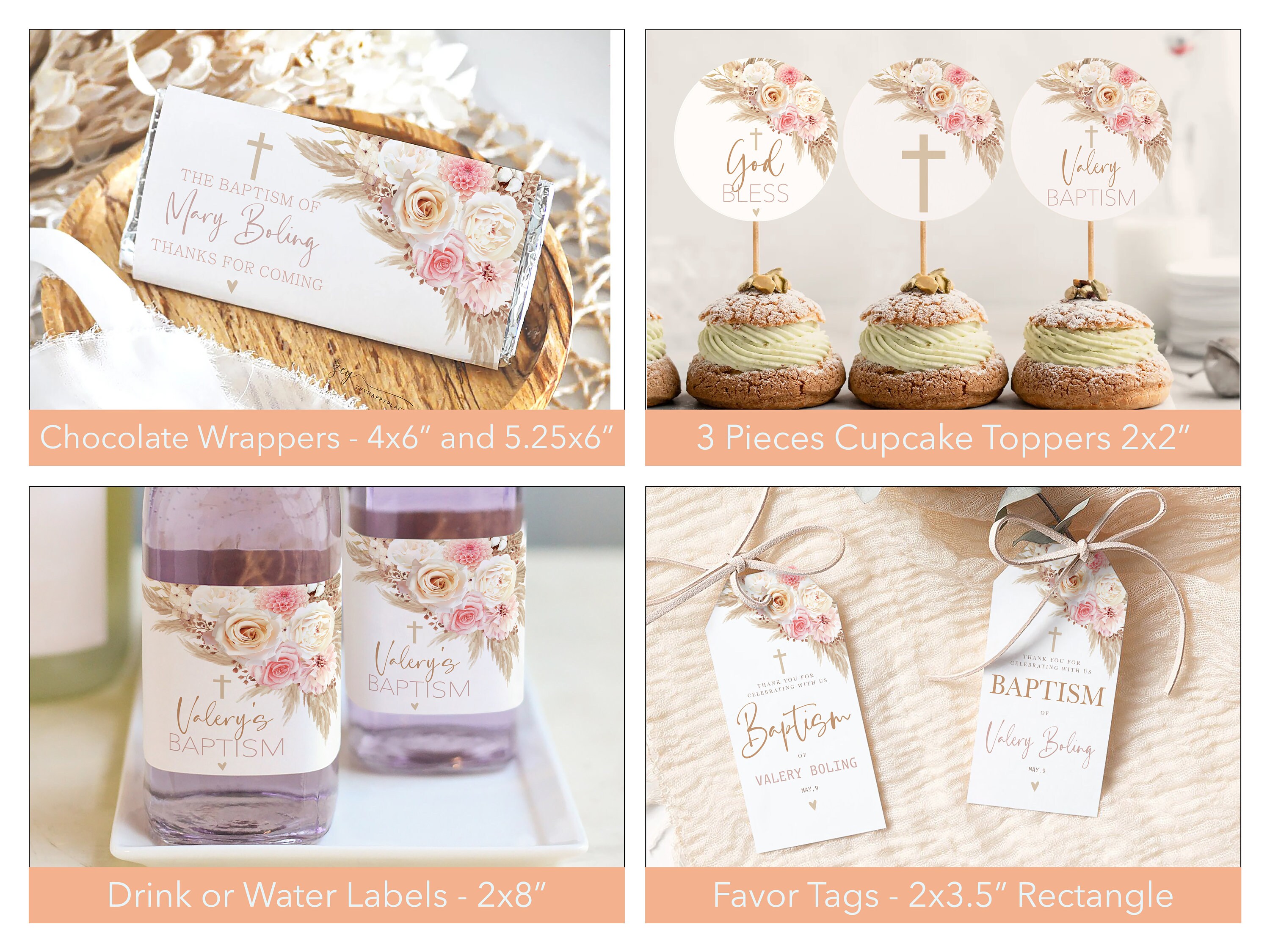 Baptism Invitation Bundle in Boho Style, Girl Christening Invitation ...