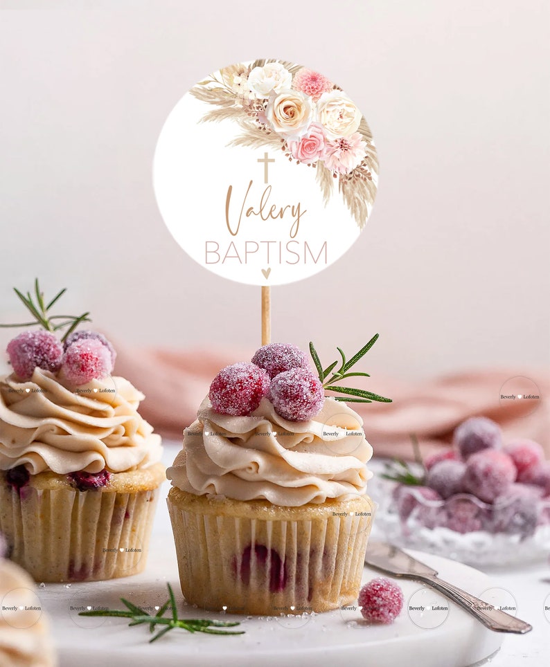 Baptism Cupcake Toppers, Girls Pink Christening Toppers, Printable Boho ...