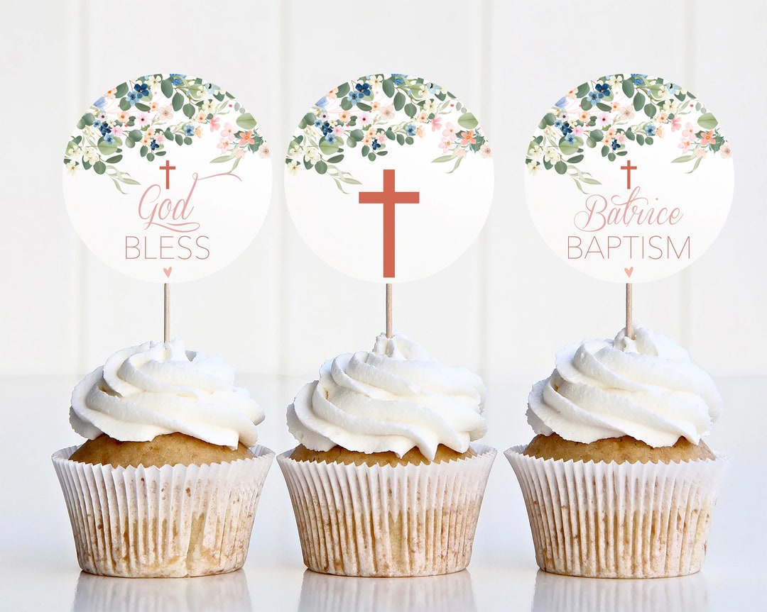 Floral Girls Christening Cupcake Toppers Bundle, Spring and Pink Floral ...