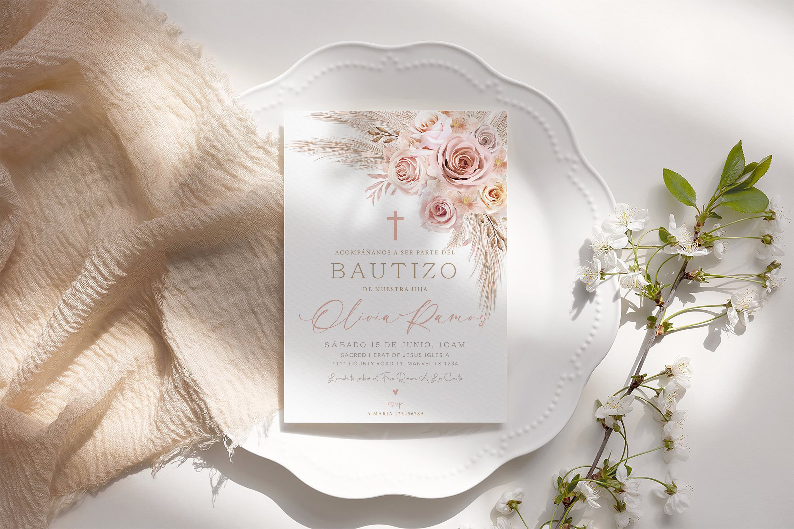 Bautizo Invitation, Boho Rose Floral and Pampas Grass Invitation to ...