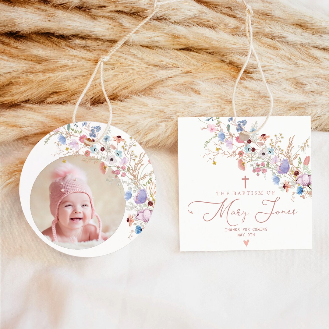 Baptism Favors Tags, Baby Photo Tag, Christening Favors Tags, Editable ...