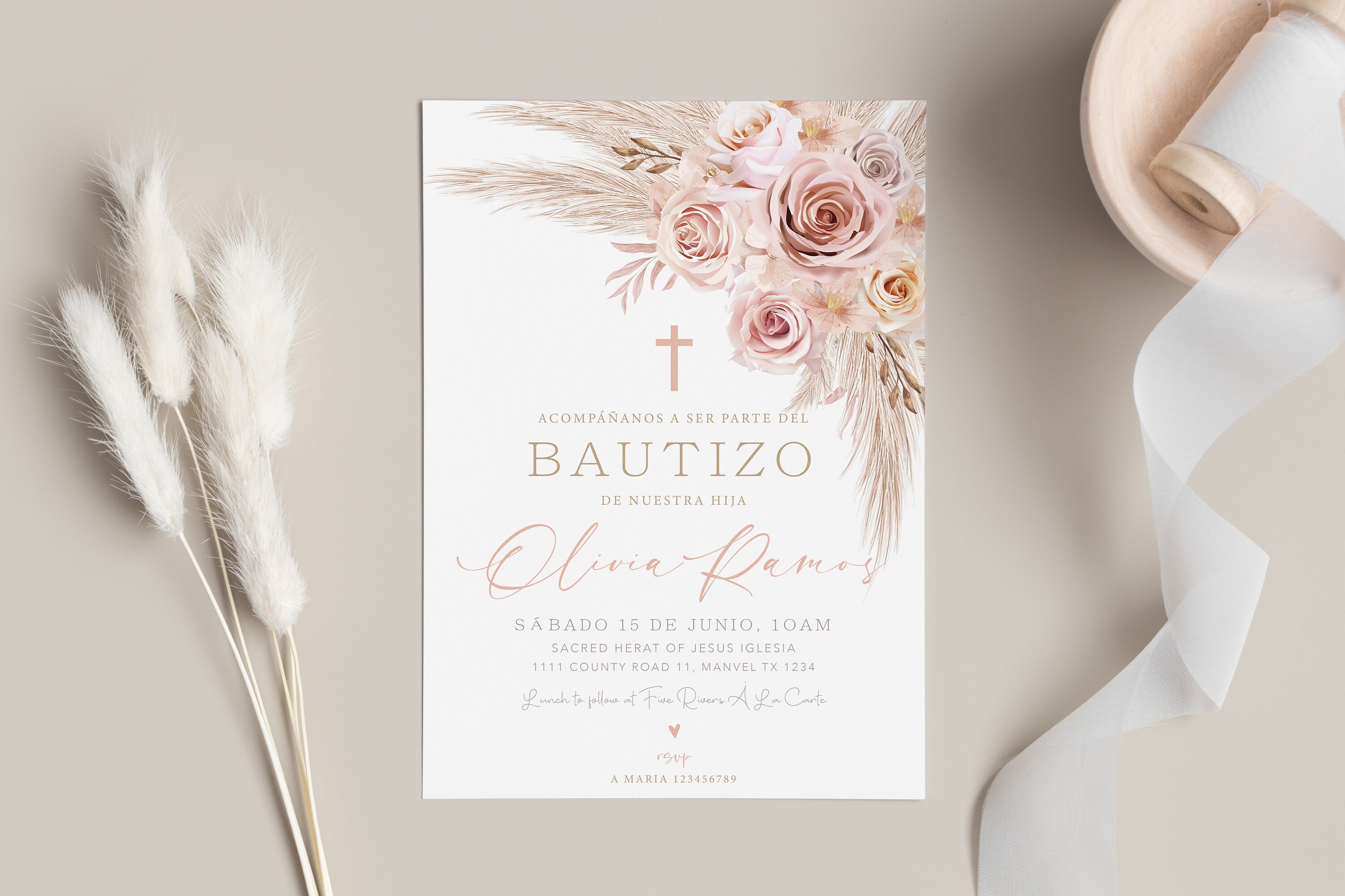 Bautizo Invitation, Boho Rose Floral and Pampas Grass Invitation to ...
