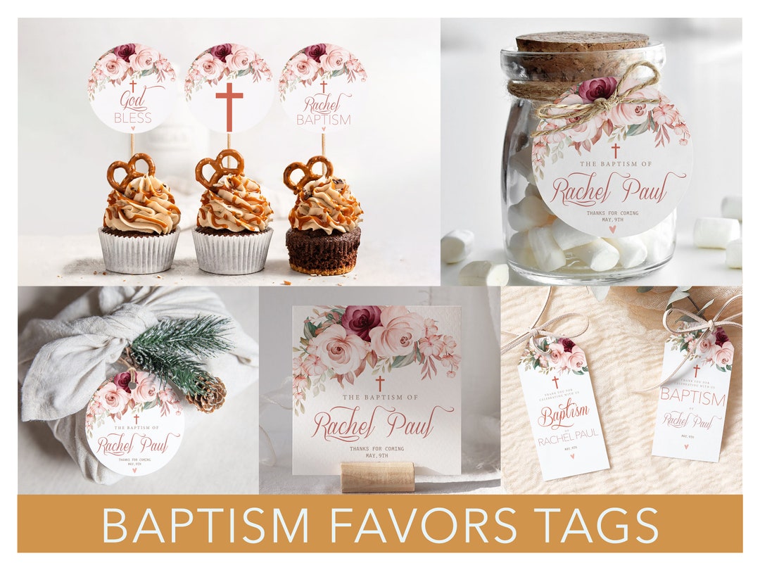 Boho Baptism Favors Tag Bundle, Boho Pink Floral Christening Favor Tags ...
