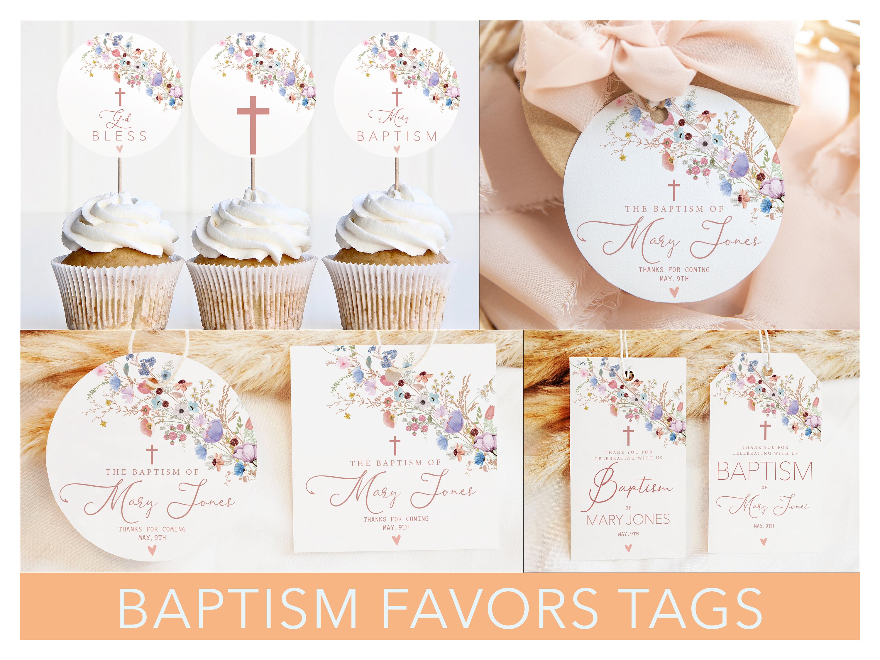 Girls Pink Baptism Favors Tags Bundle, Christening Favors Tags ...