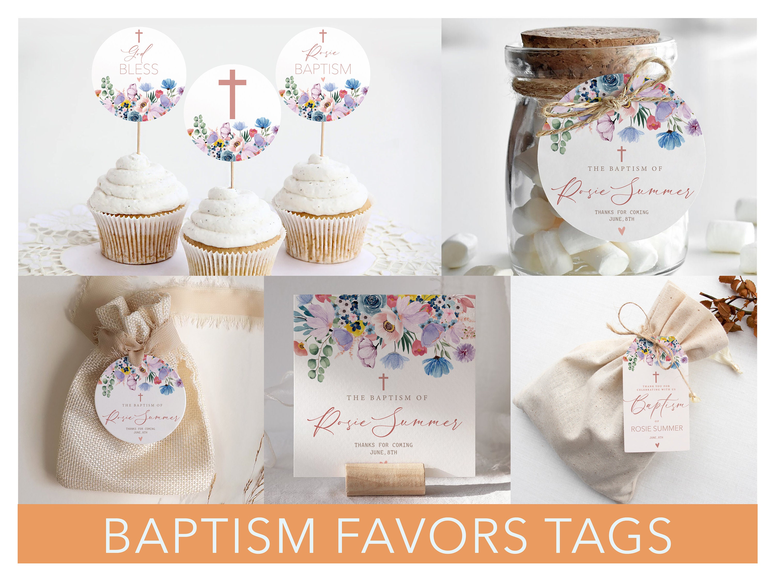 Baptism Favors Tag Bundle, Floral Christening Favor Tag, Baptism ...