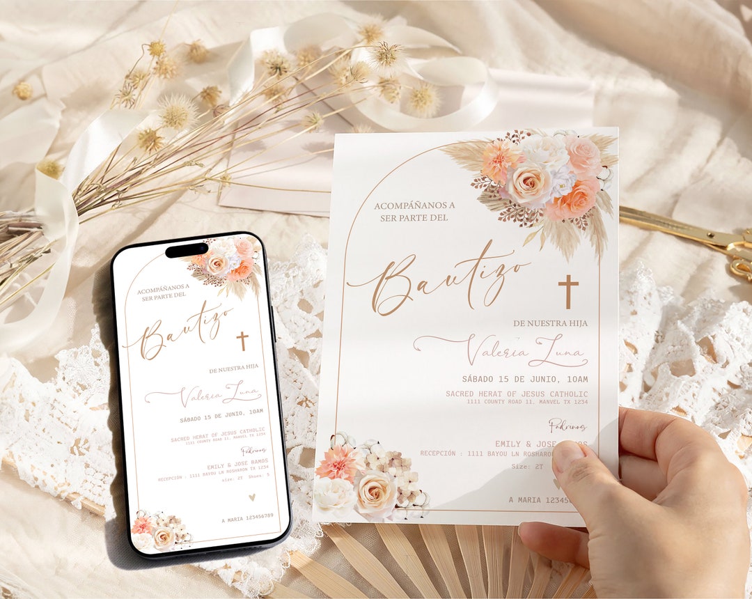 Boho Bautizo Invitation Bloom Coral Floral Frame Bautizo Invitation ...