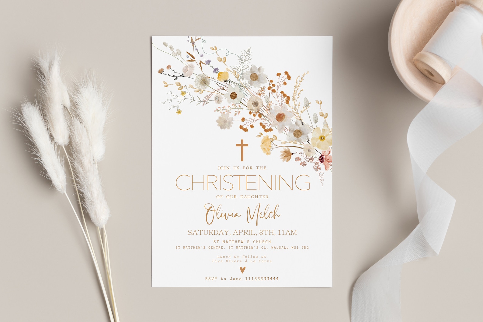 Pink Girls Christening Invitation, Floral Boho Baptism Invitation ...
