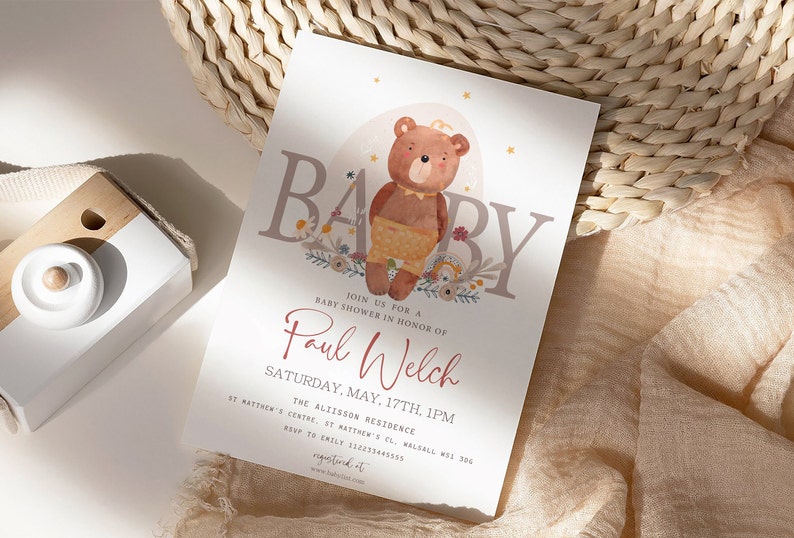 Invitación de baby shower de oso de peluche floral en estilo oso boho ...