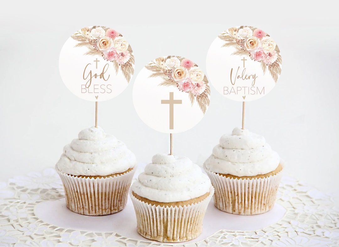 Baptism Cupcake Toppers, Girls Pink Christening Toppers, Printable Boho ...