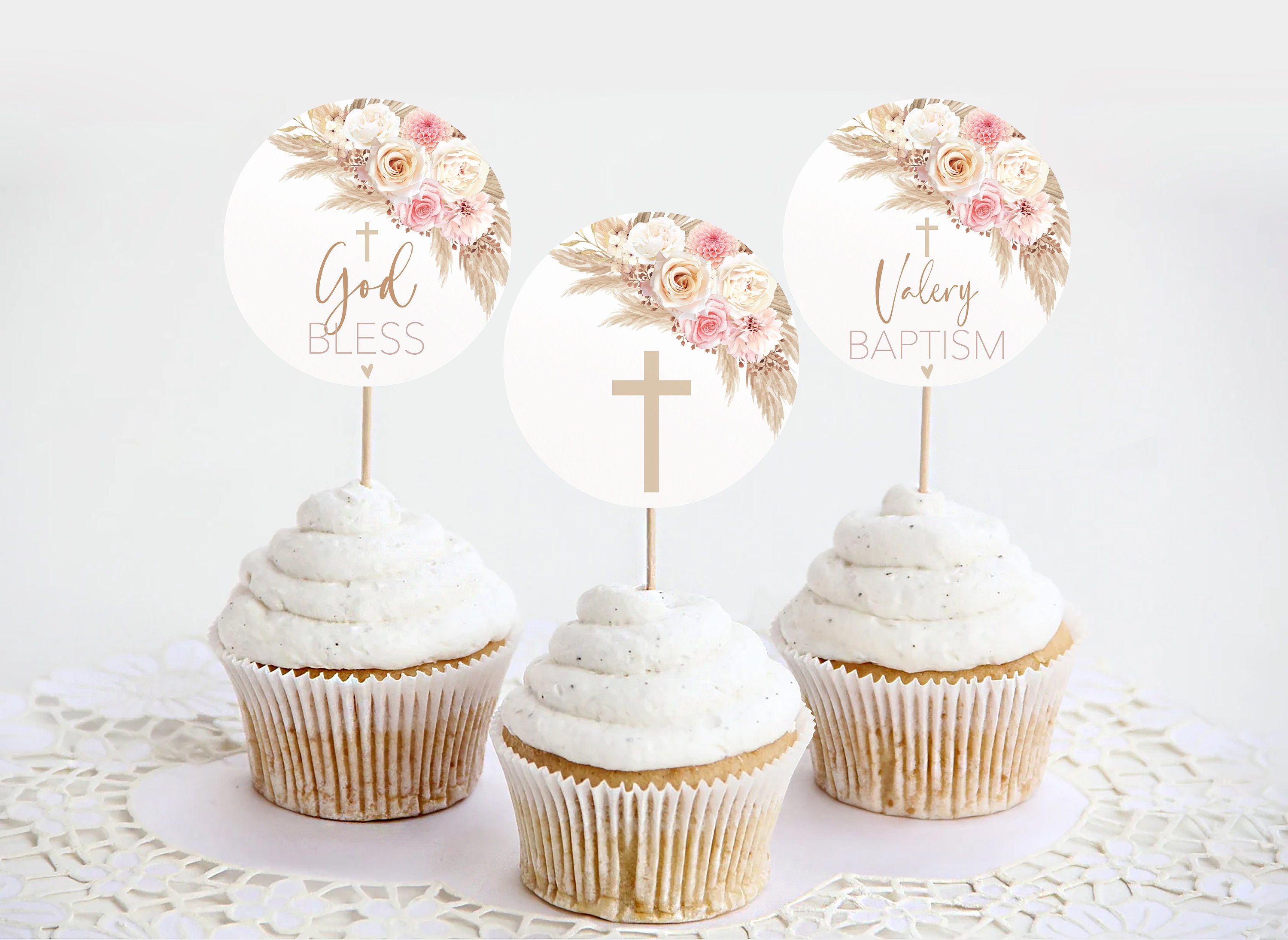 Baptism Cupcake Toppers, Girls Pink Christening Toppers, Printable Boho ...
