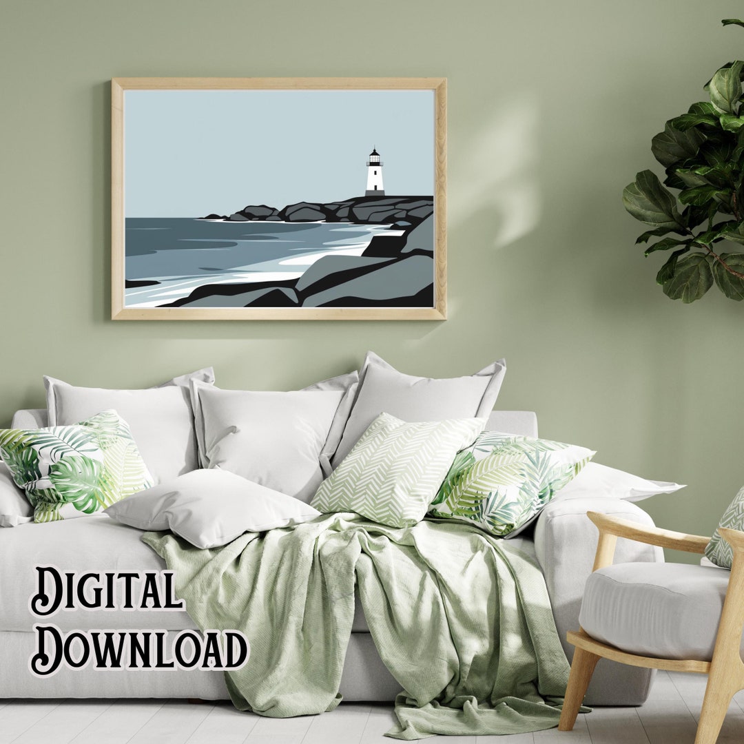 Coastal Calm Rocky Shore Lighthouse Scandinavian Nautical Inspired ...