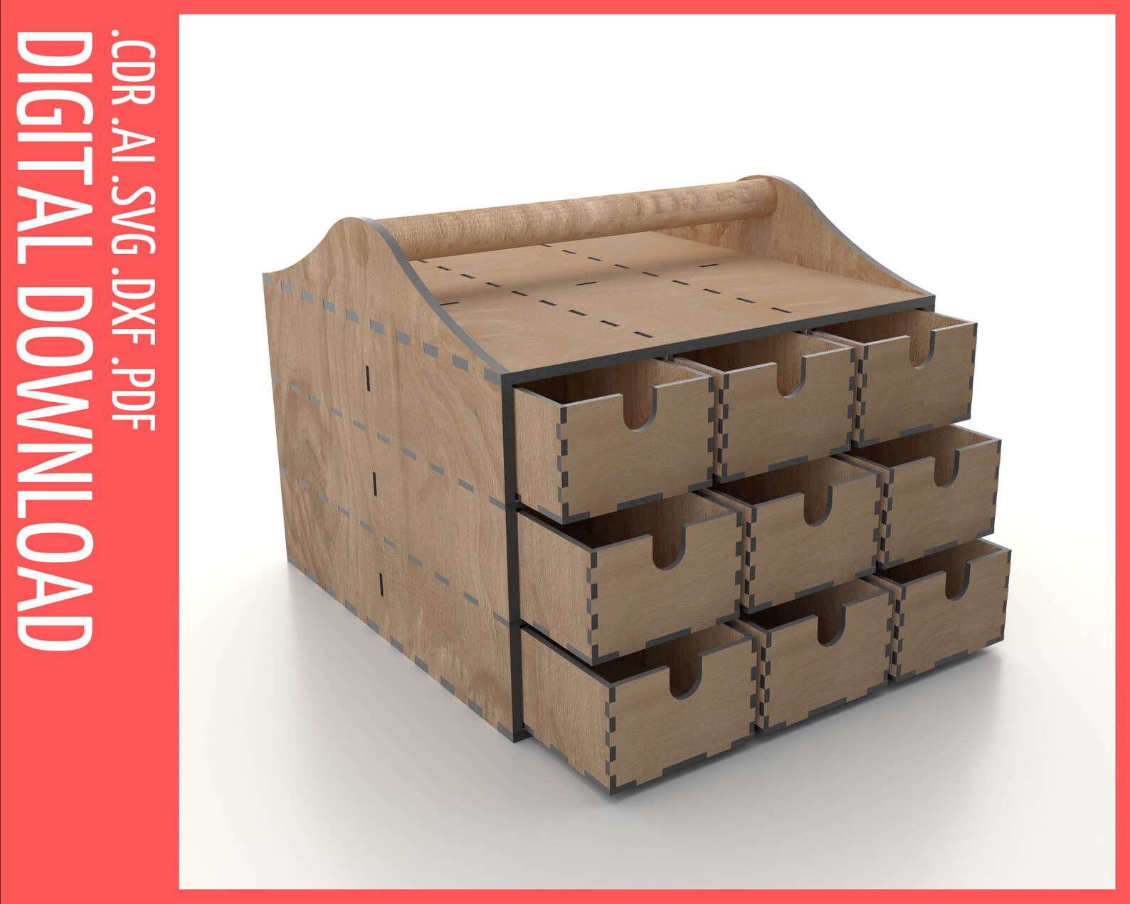 Storage 18 Boxes Organizer SVG | Toolbox Wooden With Handle Laser Cut ...