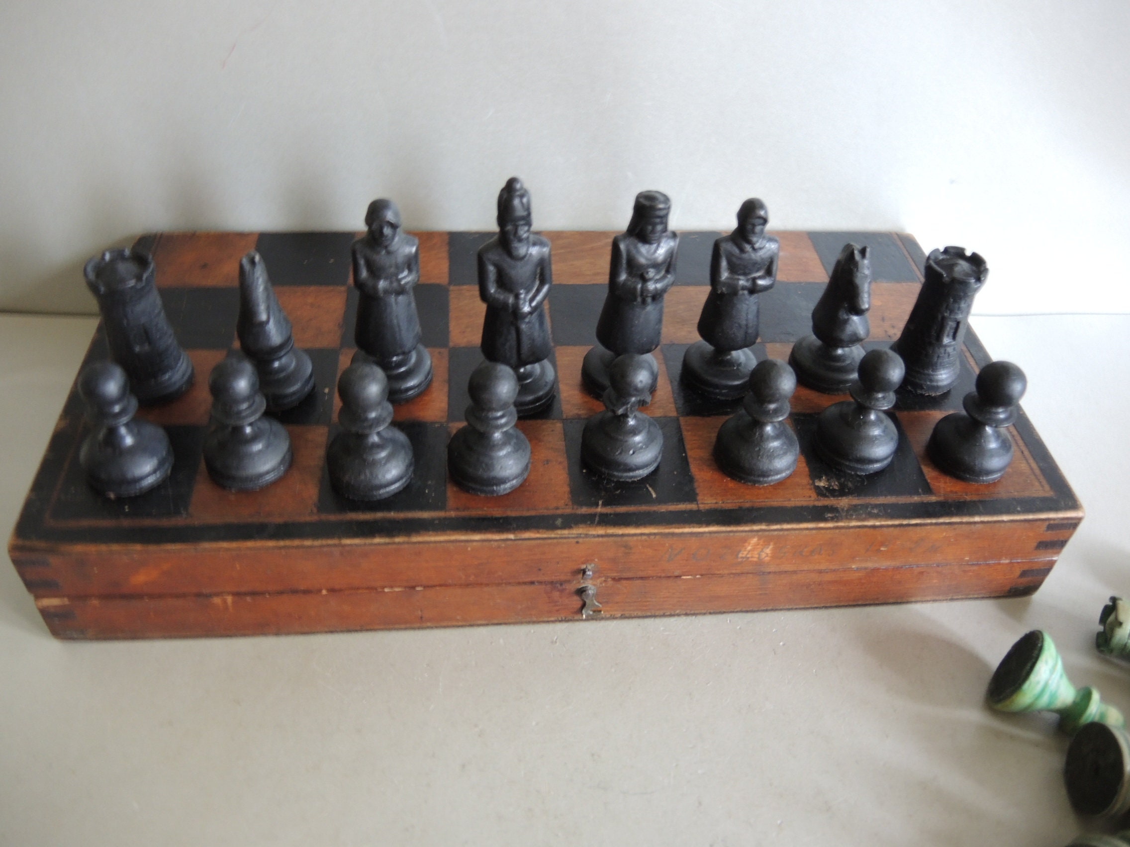 Vintage Hand Carved Wood Old Style Chess Figurines With Board / Full ...