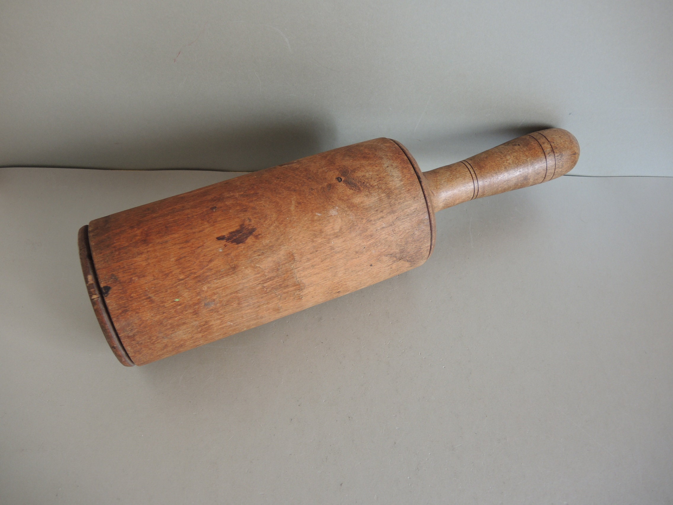 Antique MASSIVE Hard Oak Wood Potato Masher / Old Rustic Cabbage Stamp ...