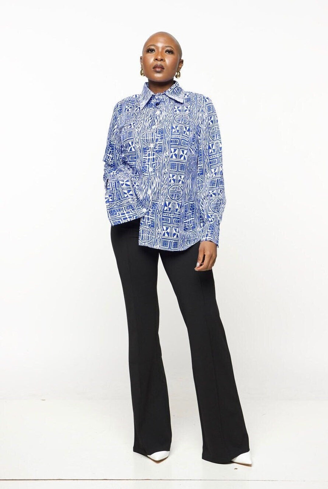 Handmade African Print Button-up Shirt: Blue Geometric Blouse - Etsy