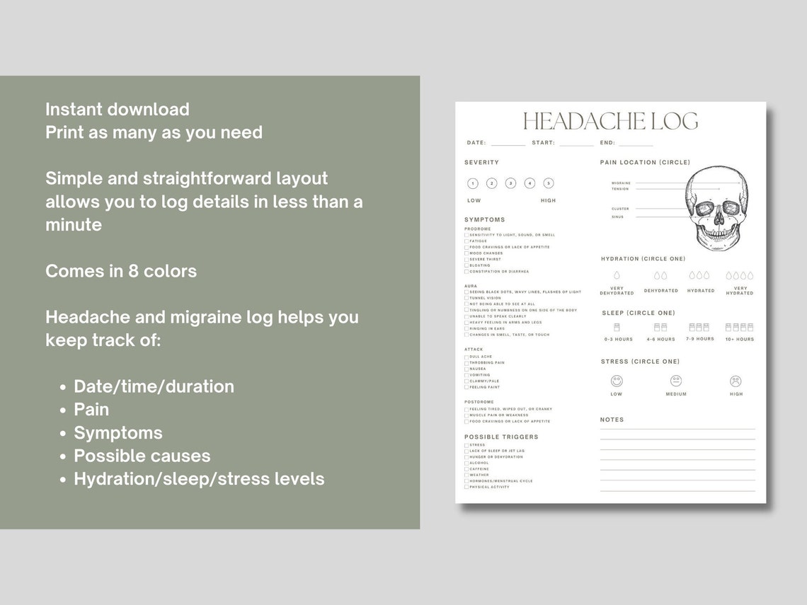 Headache Log | Instant PDF Download, Printable | Keep Track of ...