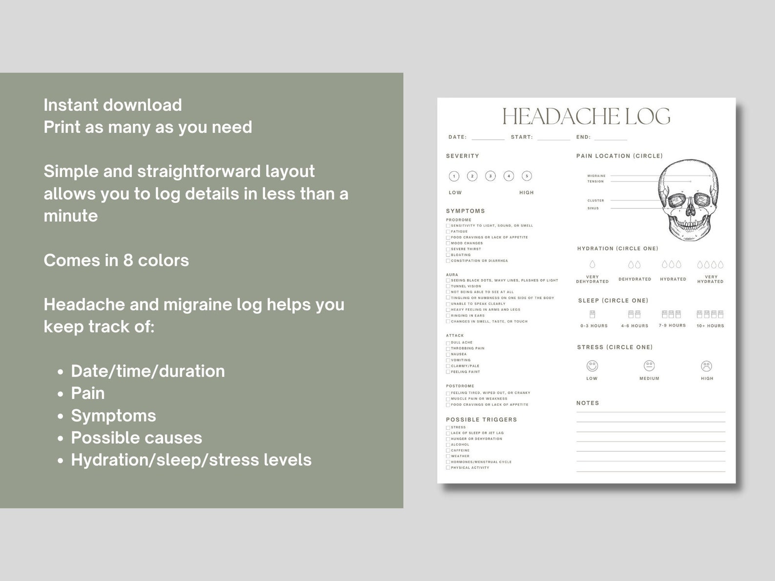 Headache Log | Instant PDF Download, Printable | Keep Track of ...