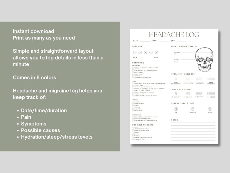 Headache Log | Instant PDF Download, Printable | Keep Track of ...