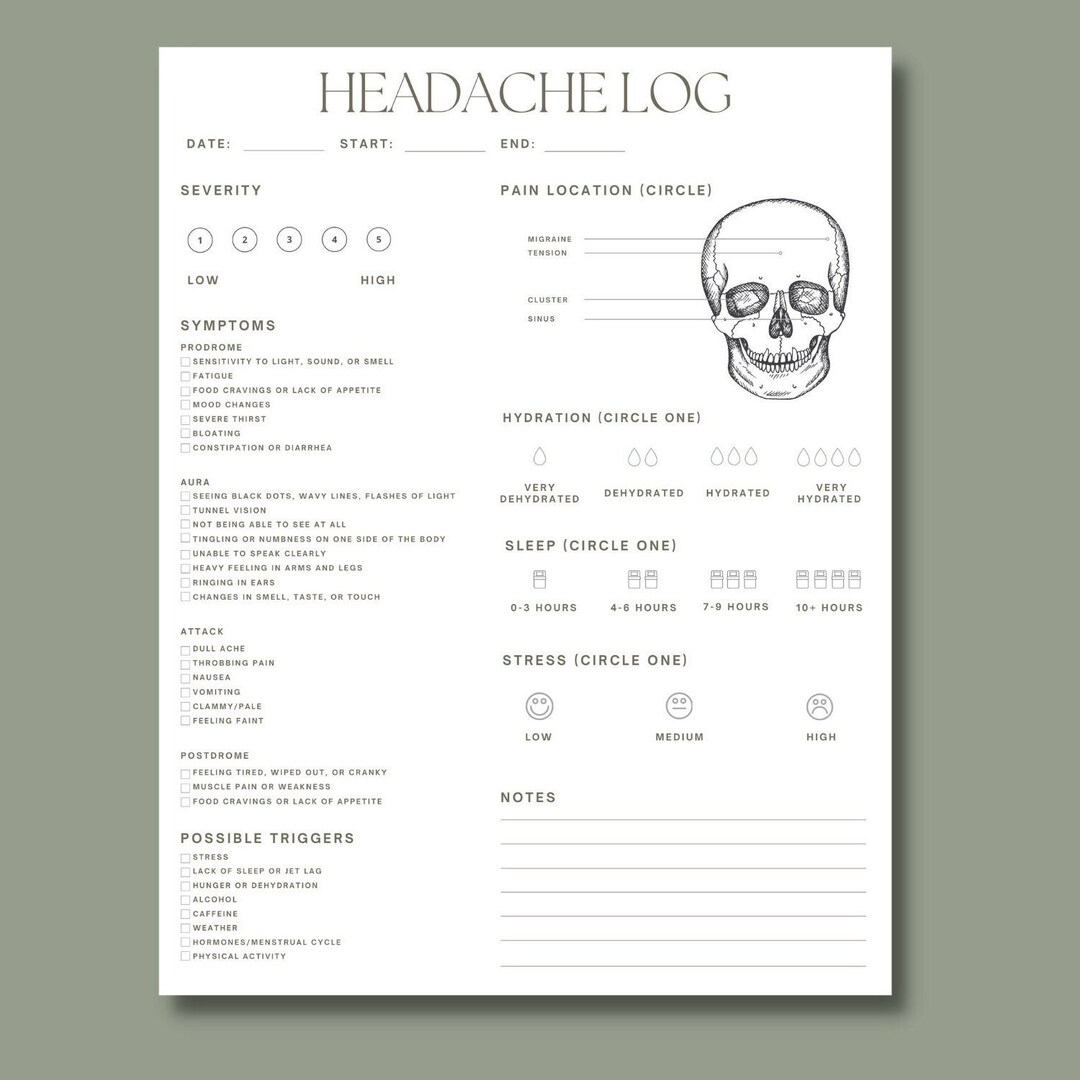 Headache Log | Instant PDF Download, Printable | Keep Track of ...