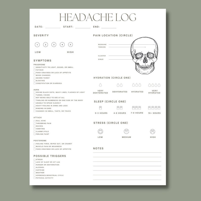 Headache Log | Instant PDF Download, Printable | Keep Track of ...