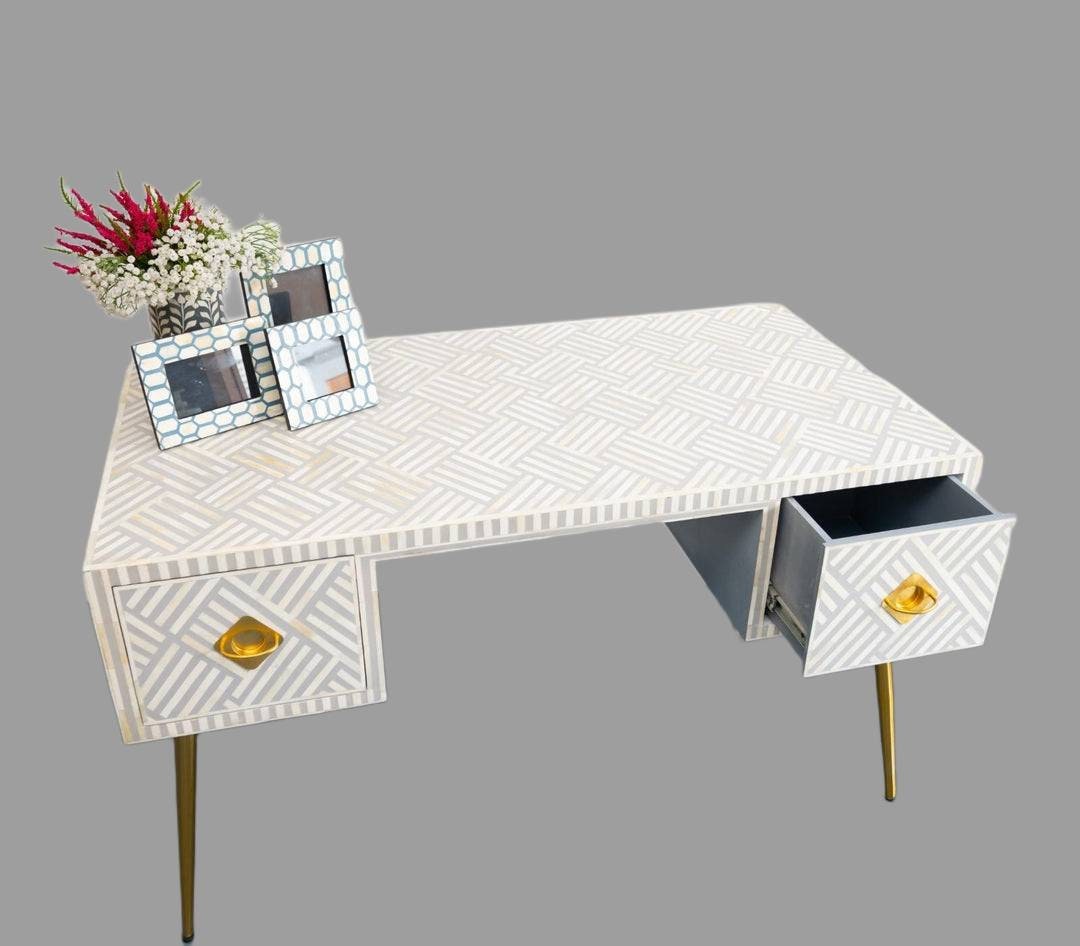 Bone Inlay Study Table, Bone Inlay Grey Study Table, Bone Inlay Writing ...