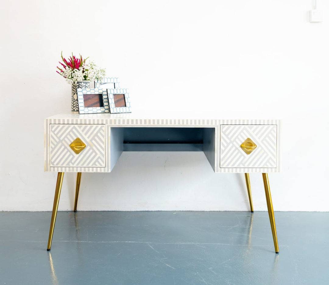 Bone Inlay Study Table, Bone Inlay Grey Study Table, Bone Inlay Writing ...