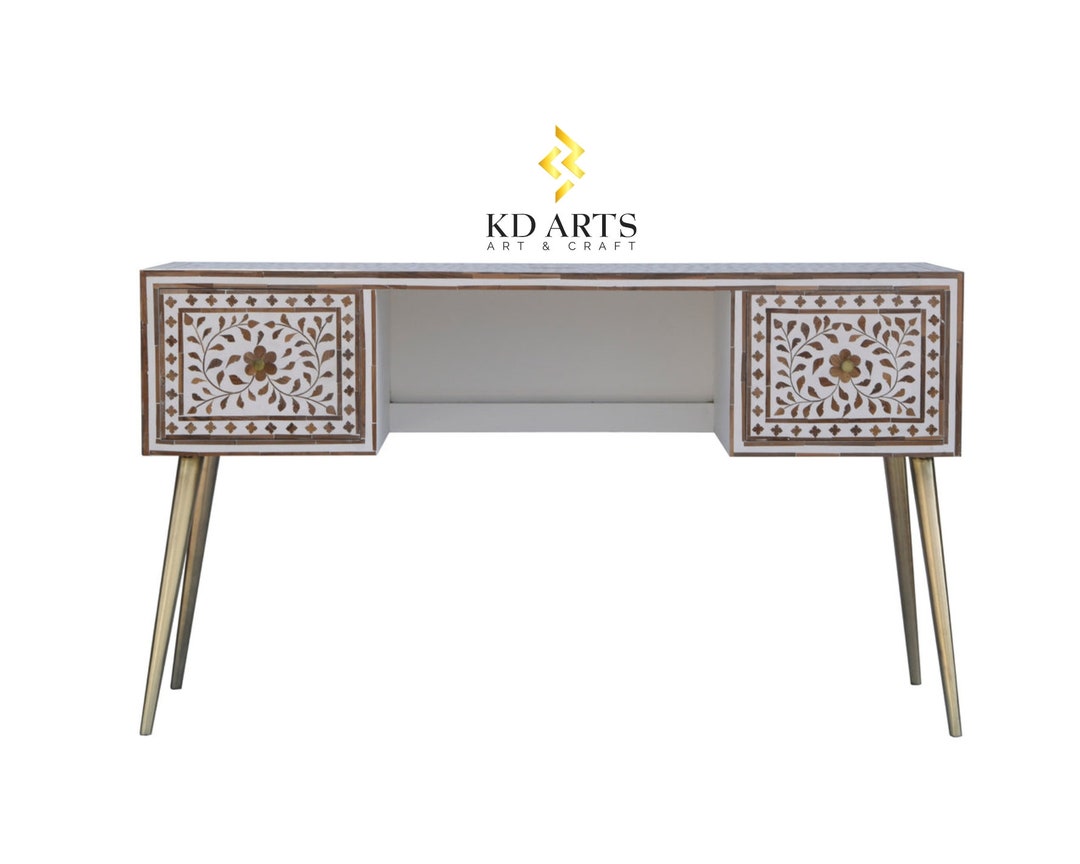 Wood Inlay White Study Table, Wood Inlay White Desk Table, Wood Inlay ...