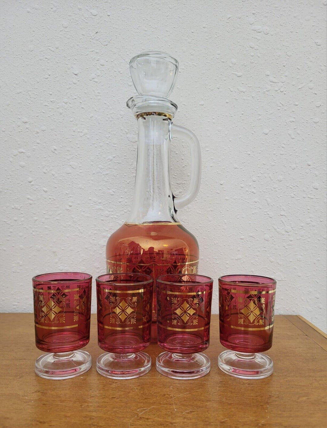 Vintage Princess House Red Gold Diamonds Decanter 4 Cordial Shot ...