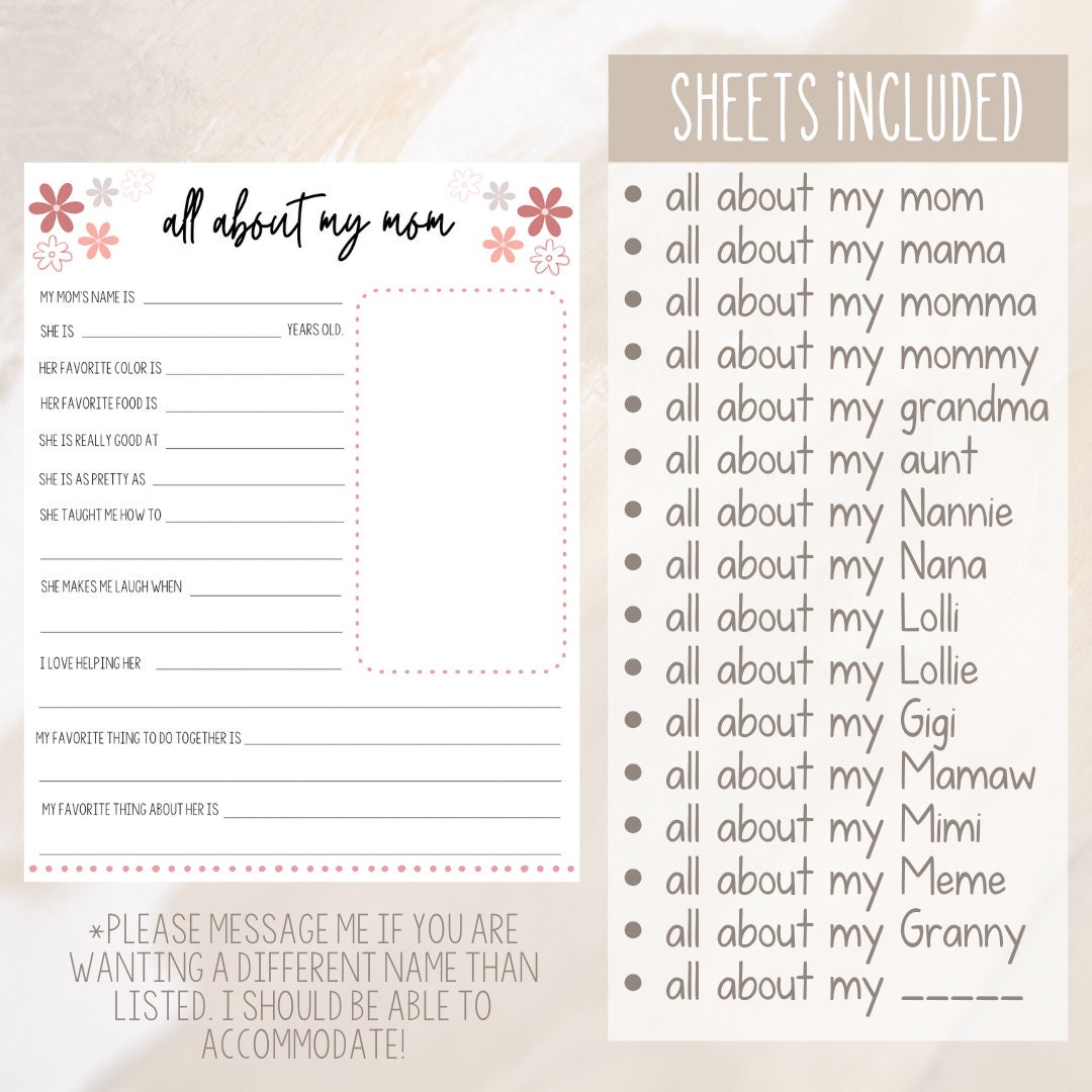All About Mom Questionnaire L Mother's Day Gift Printable L Mom ...