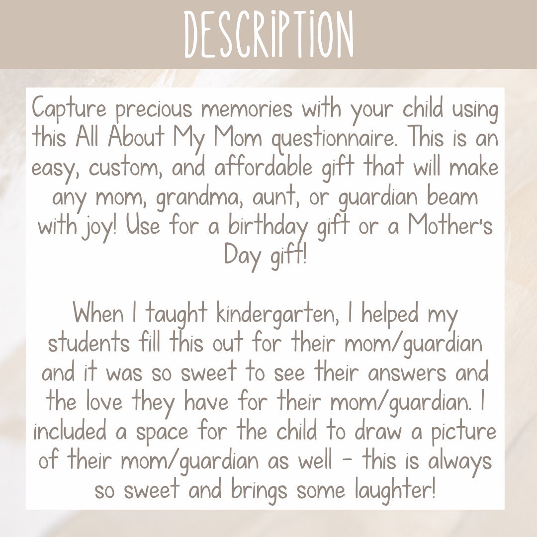 All About Mom Questionnaire L Mother's Day Gift Printable L Mom ...