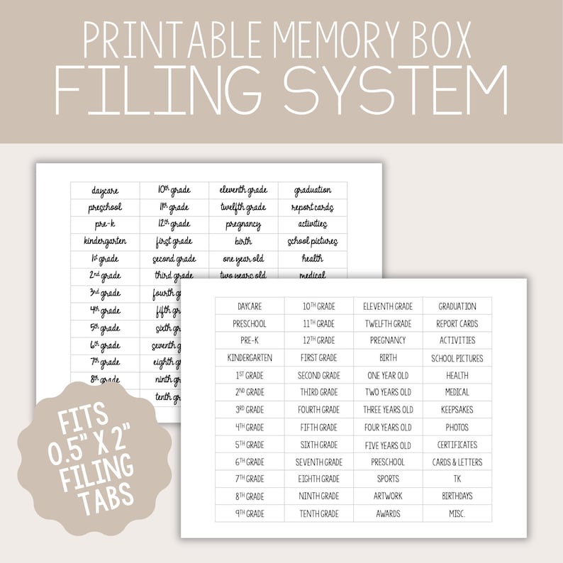 Printable Memory Box Filing System L Keepsake Box L Milestone Tote ...