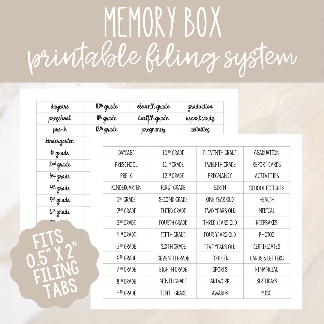 Printable Memory Box Filing System L Keepsake Box L Milestone Tote ...