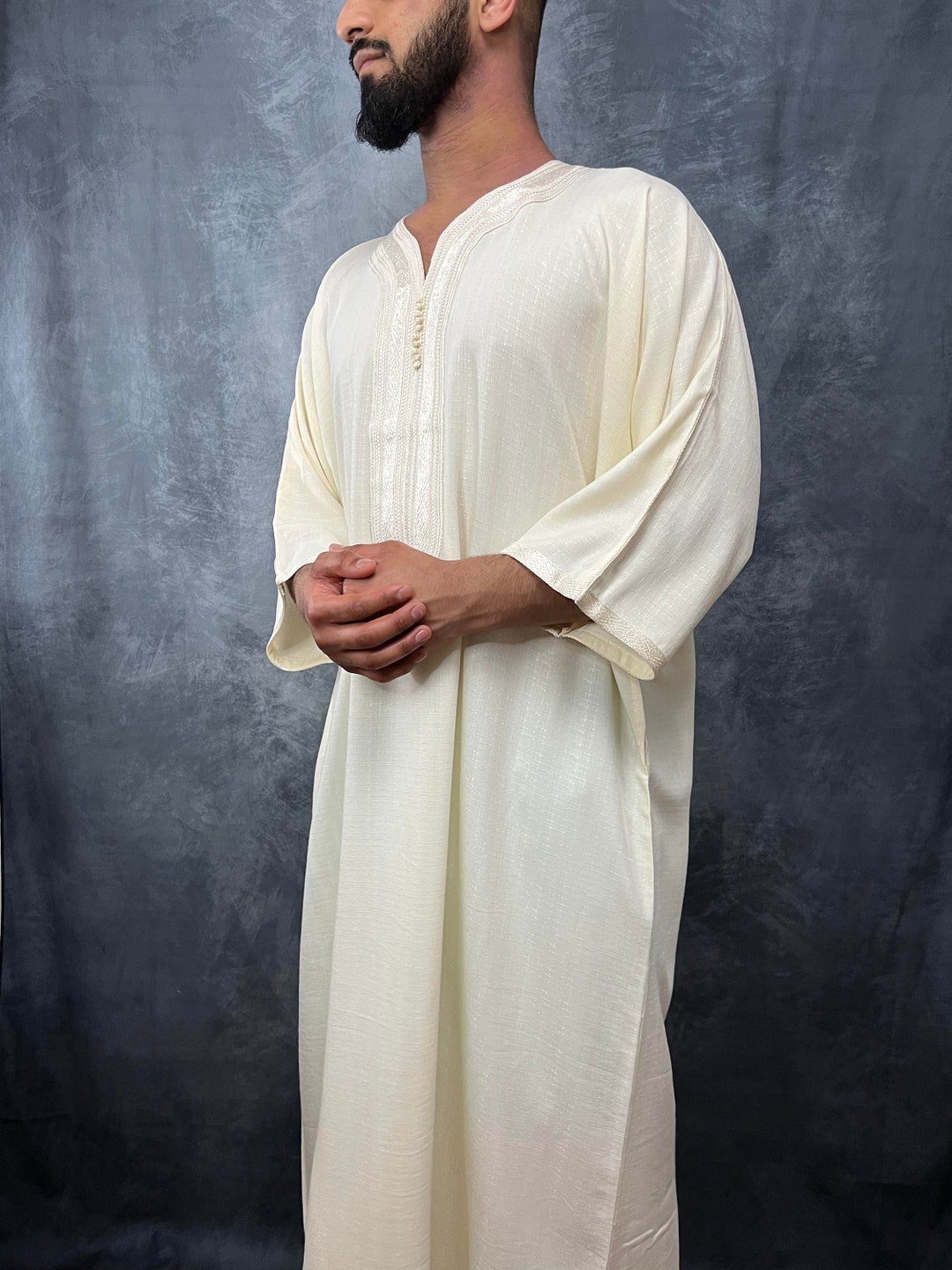 Moroccan Mens Thobe 3 Quarter Sleeves Cream Colour Moroccan Thobe ...
